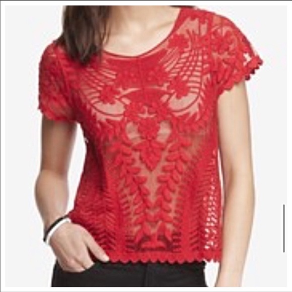 Express | Tops | Express Red Sheer Lace Crop Top M | Poshmark